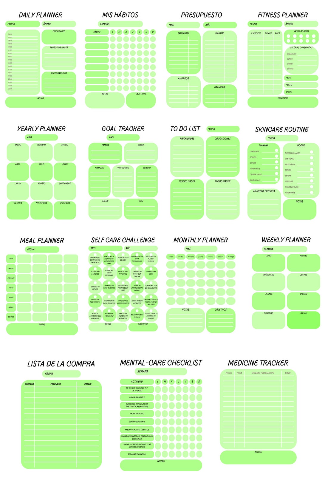 Pack of 15 Pages of GREEN Planners, Budget Pages, Habits, Meal Plan ...