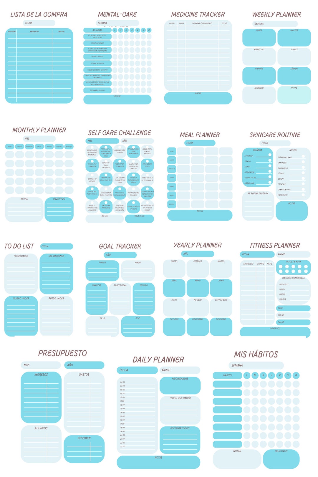 Pack of 15 Pages of BLUE Planners, Budget Pages, Habits, Meal Plan ...