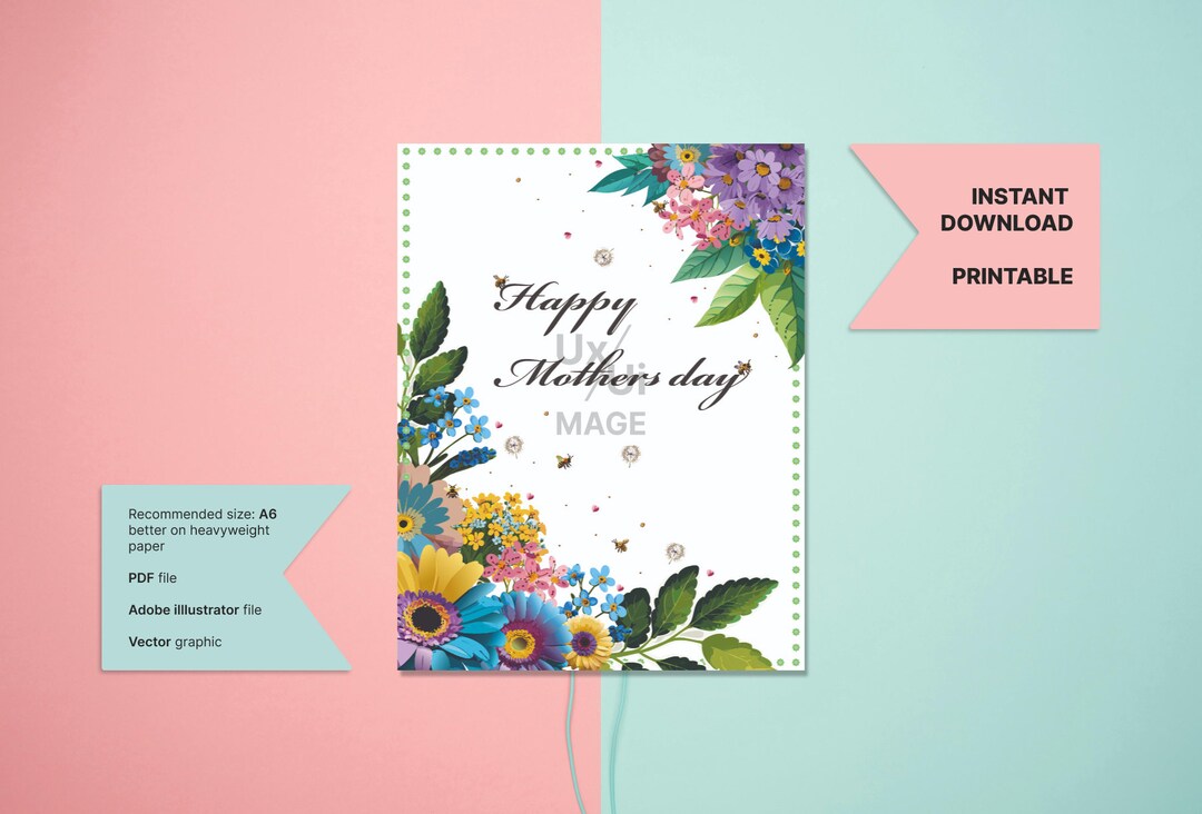 Mother's Day Flower Card Printable PDF, AI File Included - Etsy