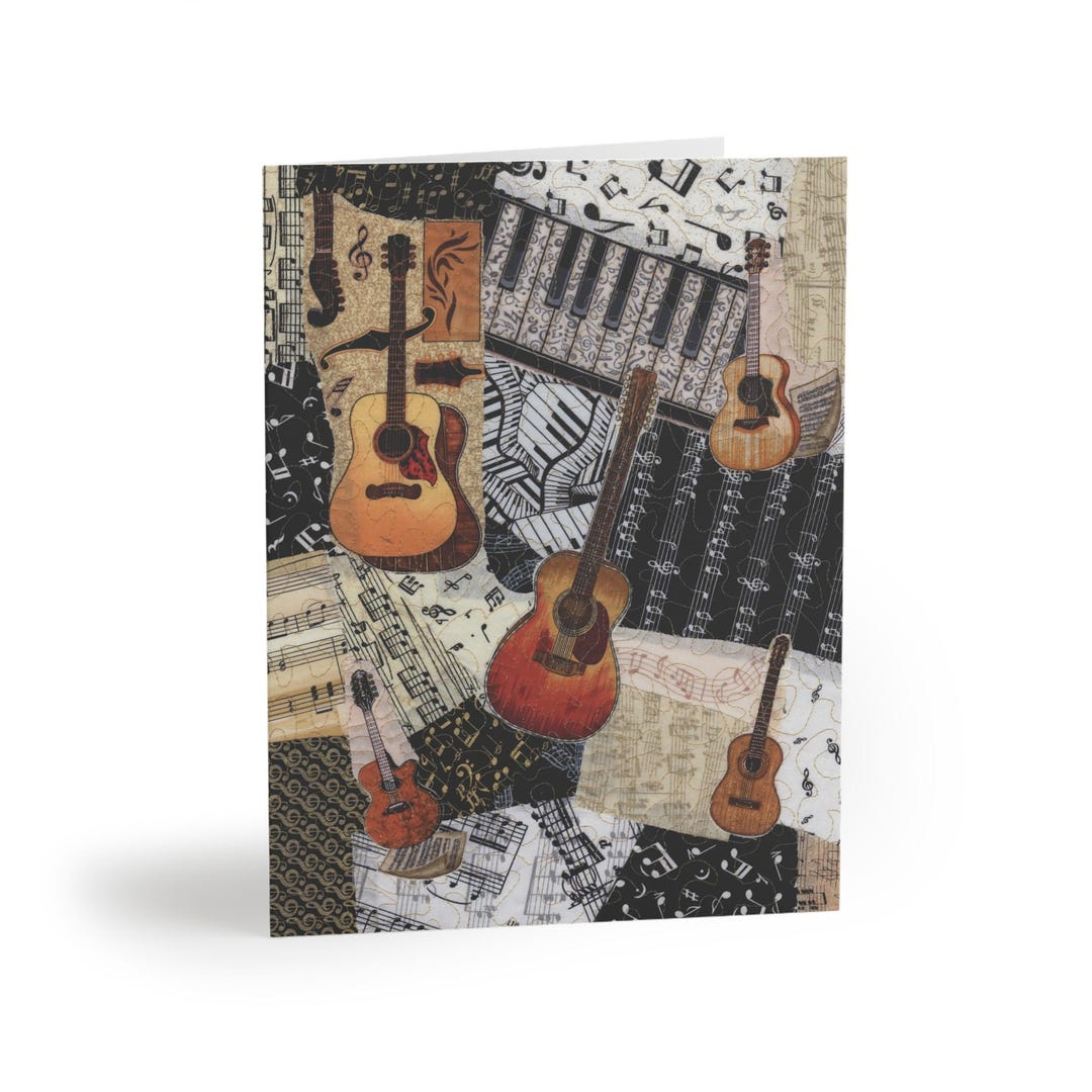 Acoustic Guitar Greeting Cards Music Notes Collage Design, Set of 8, 16 ...