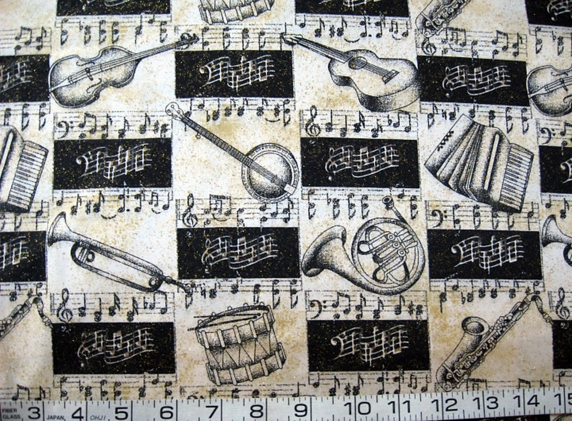 Music - Notes/instruments Glitter Quilt Fabric by the Half Yard - Etsy