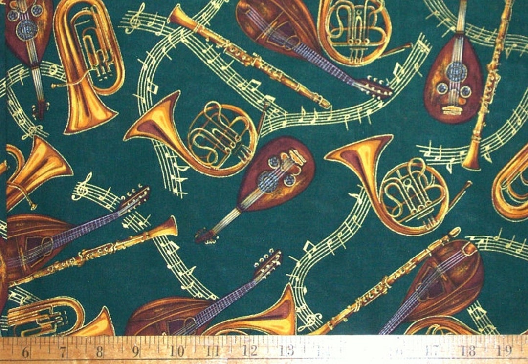 Music - Horns/tubas/clarinets/mandolins/notes Gold on Green Quilt ...