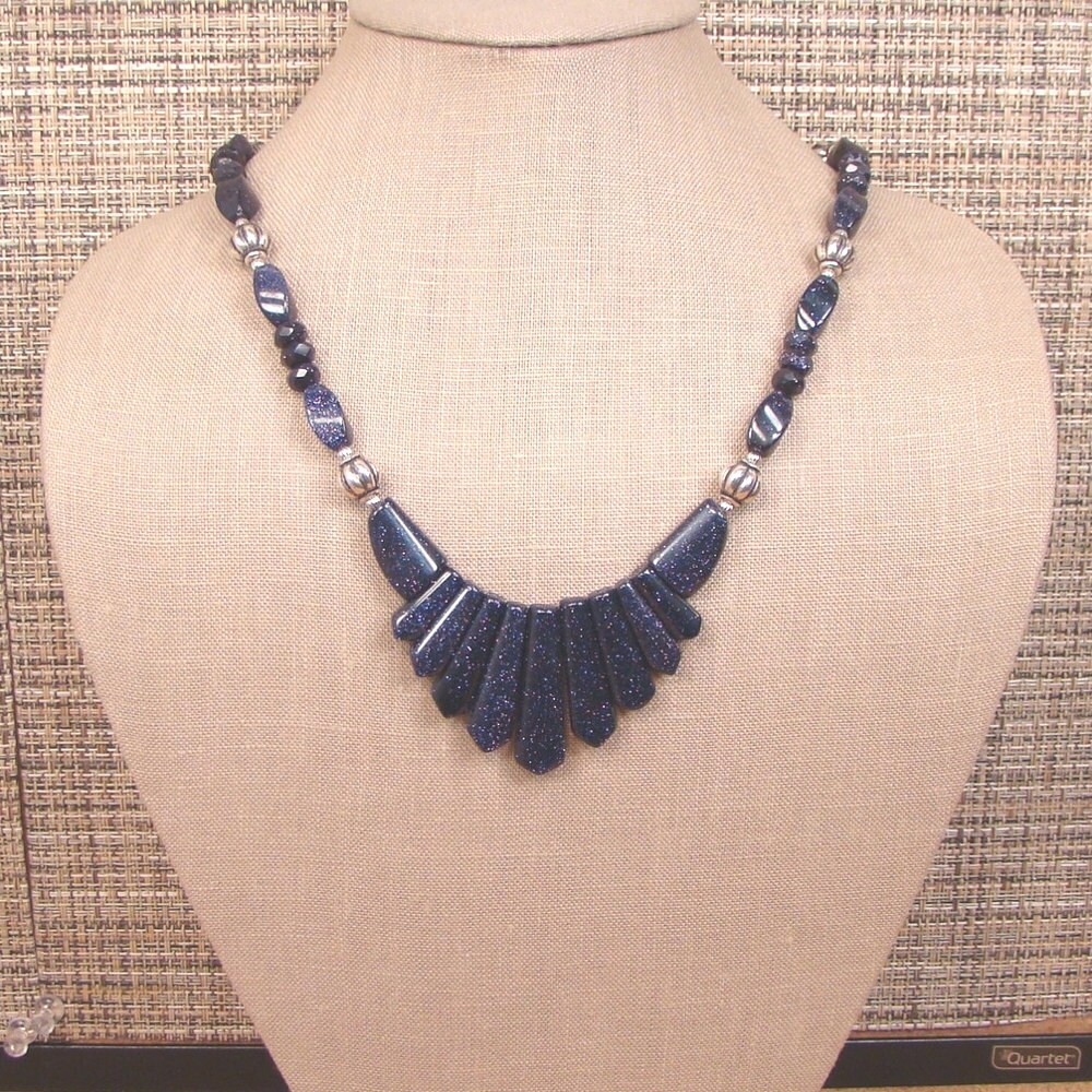 Twilight Blue Sun Sitara/Goldstone, Bali Silver with Fan Pendant Beads ...