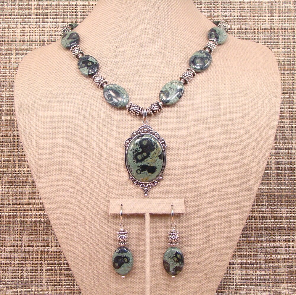Rainforest Bold Kambaba Jasper and Bali Sterling Silver Necklace With ...