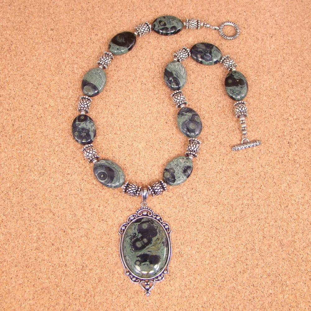 Rainforest Bold Kambaba Jasper and Bali Sterling Silver Necklace With ...