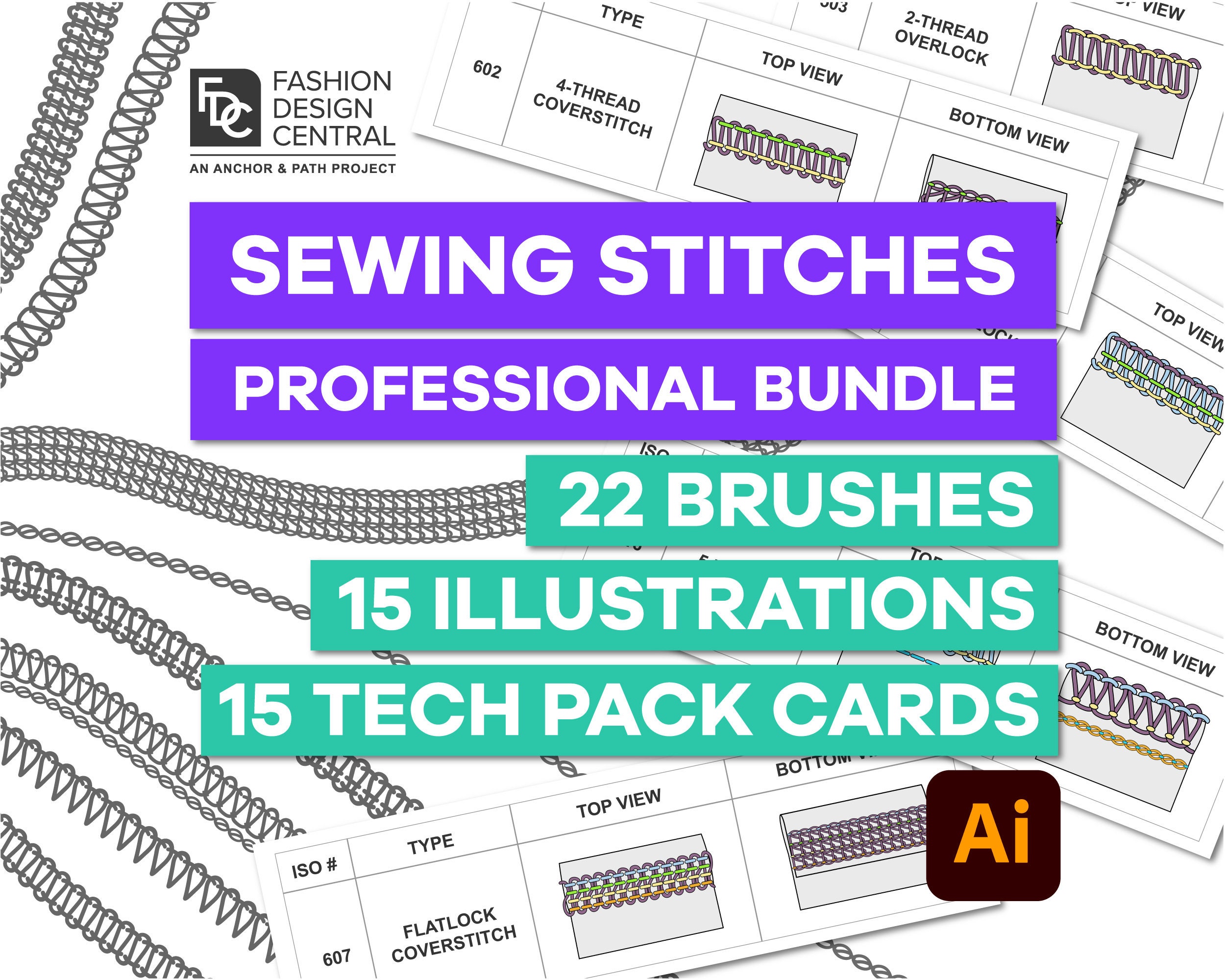 22 Professional Stitch BRUSHES & 15 Technical Stitch Drawings for ADOBE ...