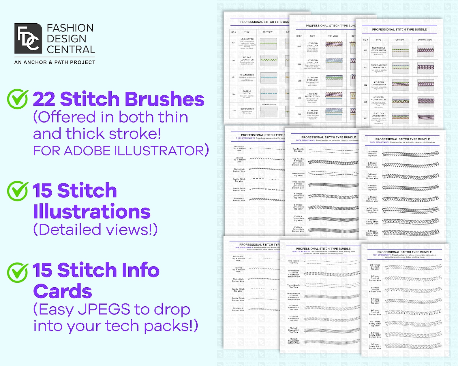 22 Professional Stitch BRUSHES & 15 Technical Stitch Drawings for ADOBE ...