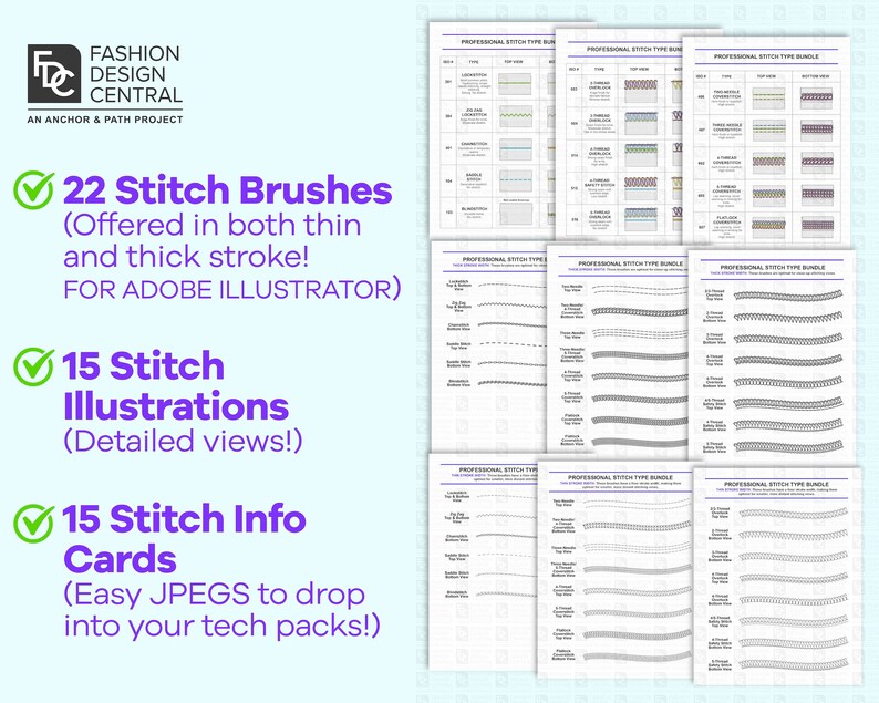 22 Professional Stitch BRUSHES & 15 Technical Stitch Drawings for ADOBE ...