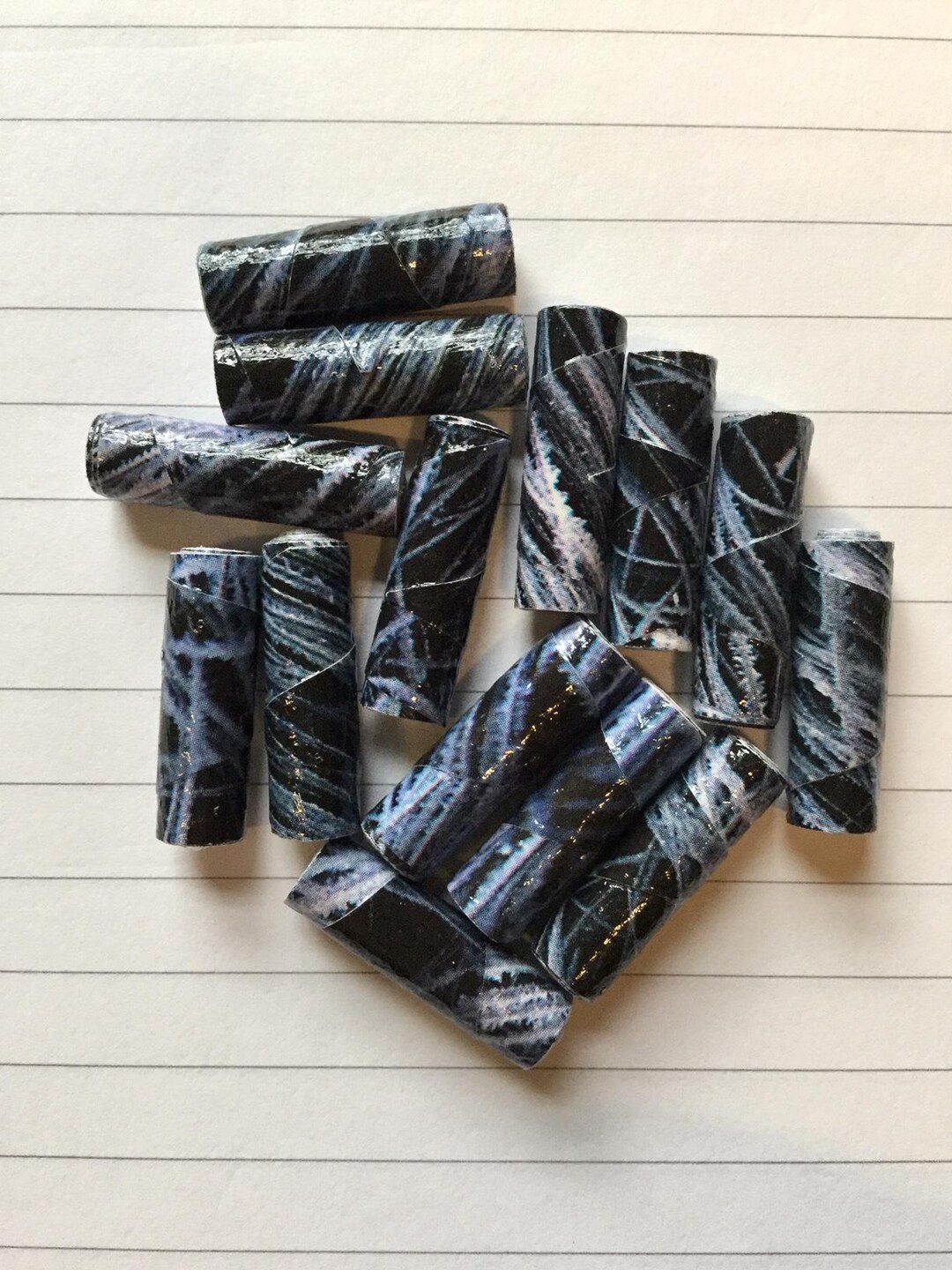 14 Handmade Paper Beads - Tube Shape - Blue Black White - Etsy