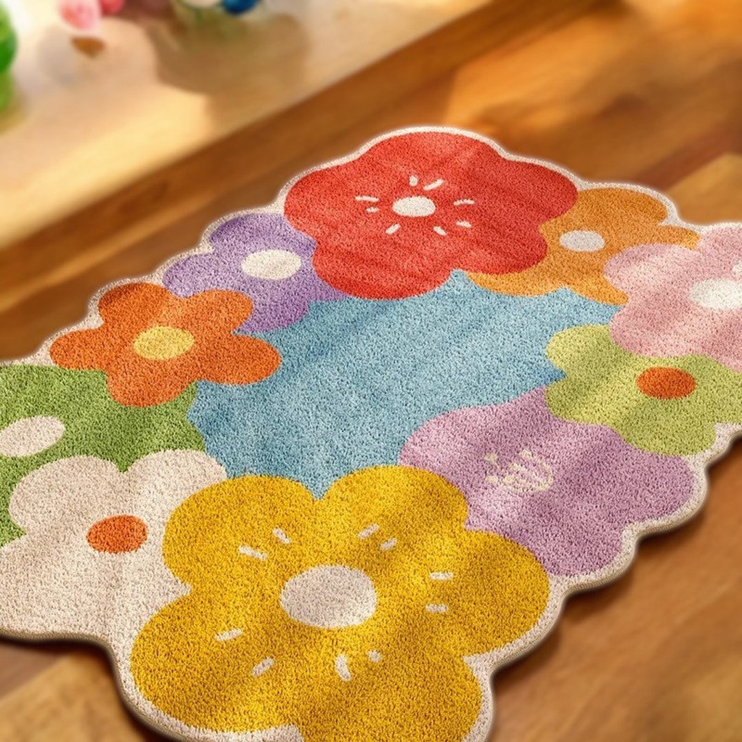 Handmade Flower Patch Nursery Rug, Fun Soft Tufted Floral Mat, Unique ...