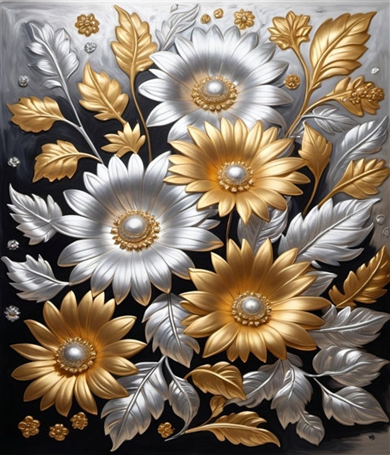 Gold & Silver Flowers Wall Art - Etsy