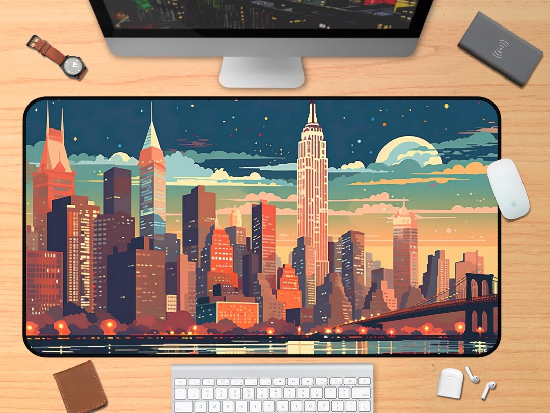Lo-fi New York City Desk Mat, Dreamscape City Skyline Deskmat, Large ...