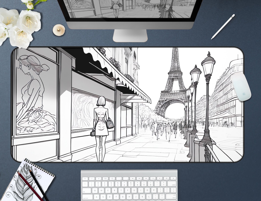 Paris Chic Line Art Deskmat, France Sketch Fashion Eiffel Tower ...