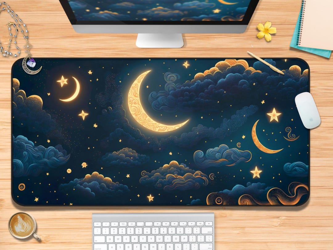 Dreamy Starry Night Sky Desk Mat, Stars Moons Purple Gold Kawaii Large ...