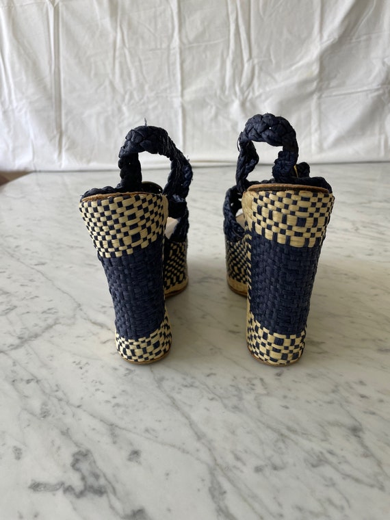 1970s Platform Straw Sandal - Blue & Cream - Size 9.5… - Gem
