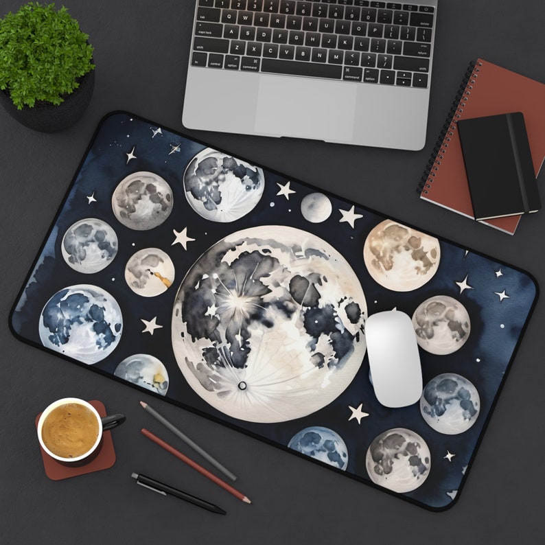 Lunar Phases Watercolor Desk Mat New Moon to Full Moon With Stars ...