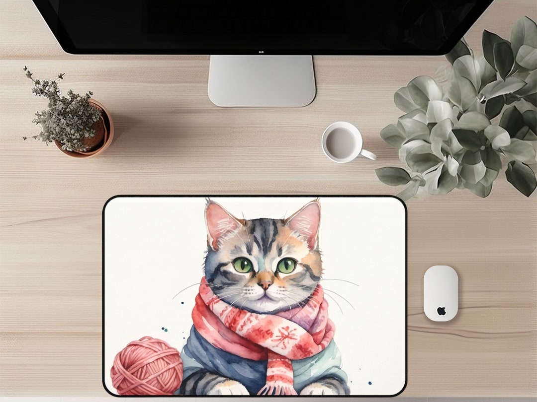 Cat Desk Mat Cat Kitten Knitting Desk Pad Cute Desk Mat Cute Decor Desk ...