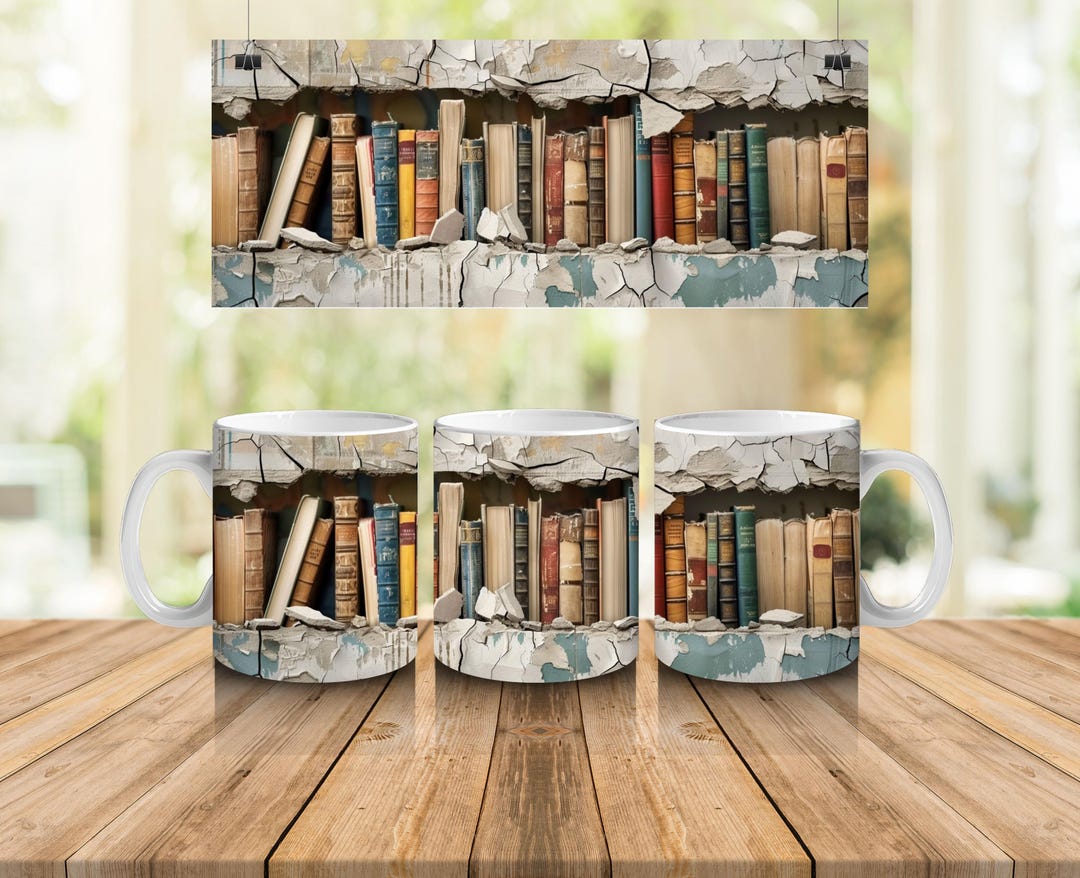 3D Bookshelf Mug Library Design Mug Bookshelf 15/11oz Coffee Mug 3D ...