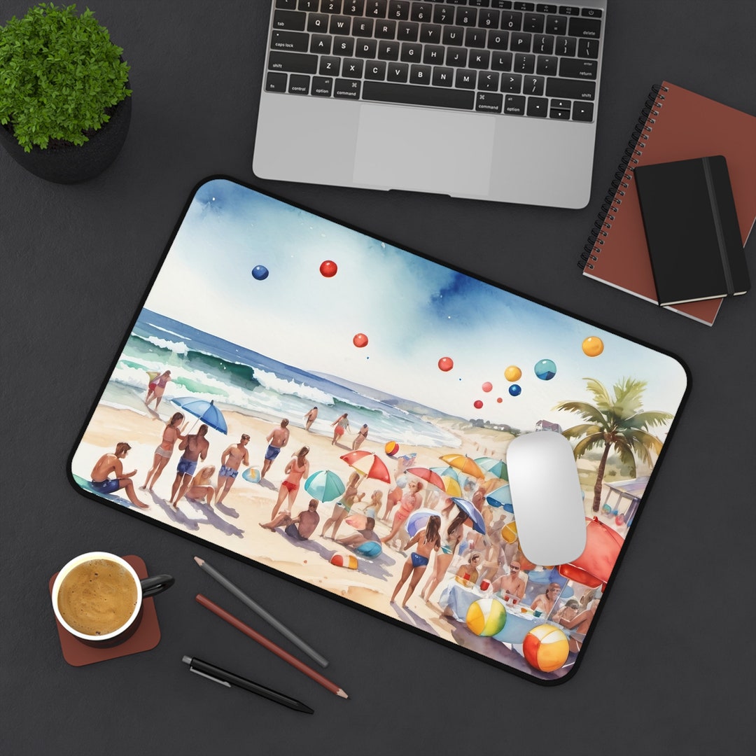 Watercolor Beach Party Desk Mat Fun Scene With Beach Balls Umbrellas ...