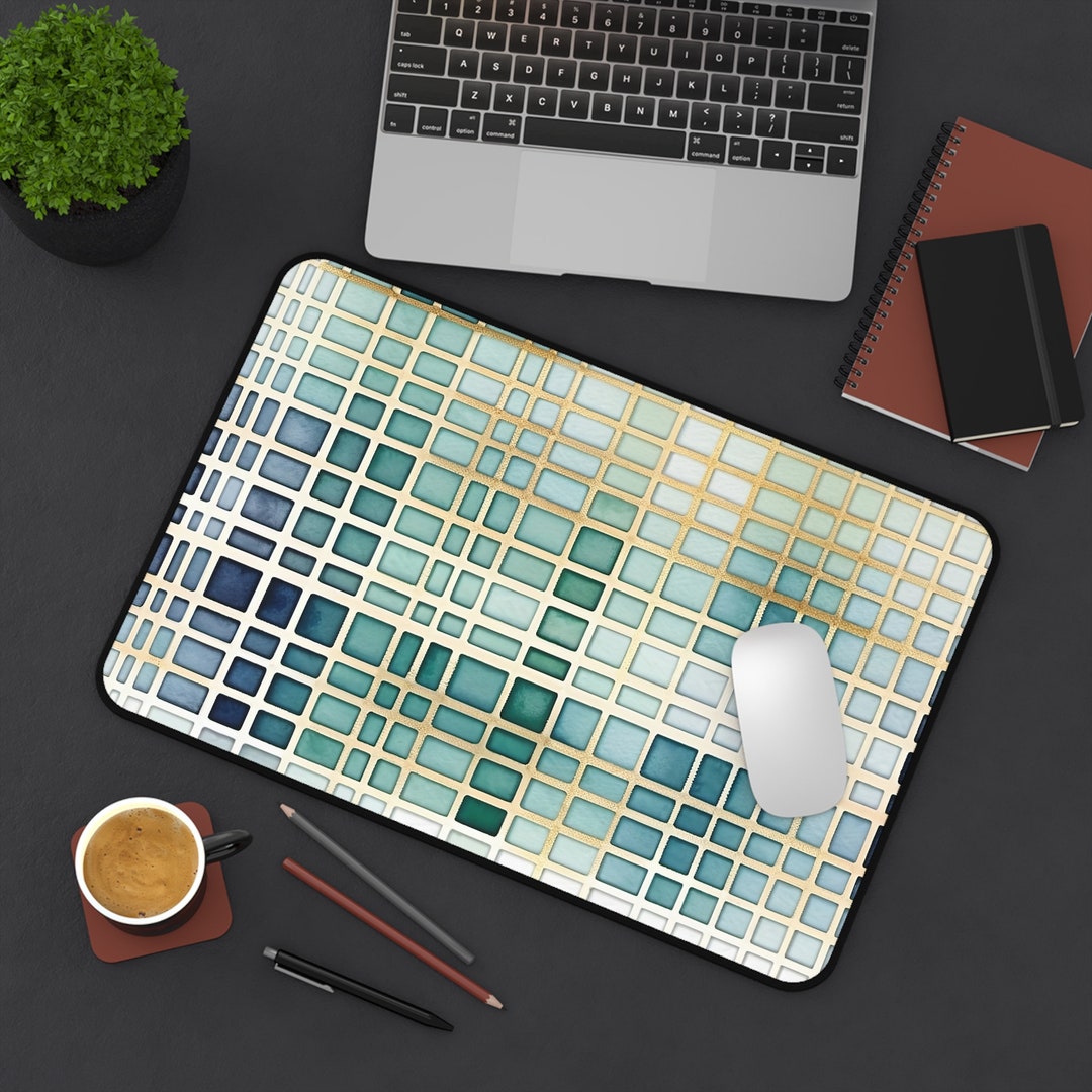 Watercolor Grid Desk Mat Extended Mousepad With Metallic Accents Office ...