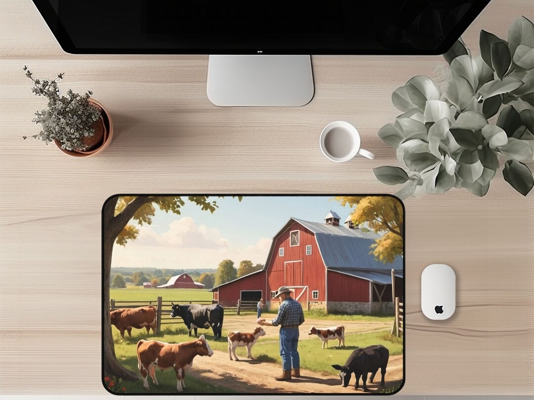 Farm Scene Desk Mat Fathers Day Gift With Rustic Barn and Feeding ...