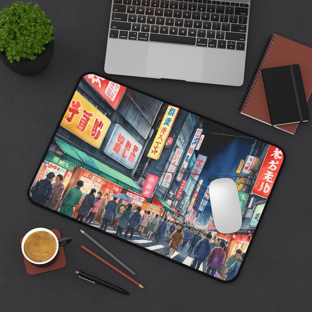 Watercolor Tokyo Neon Streets Desk Mat Large Japanese Mouse Pad for ...