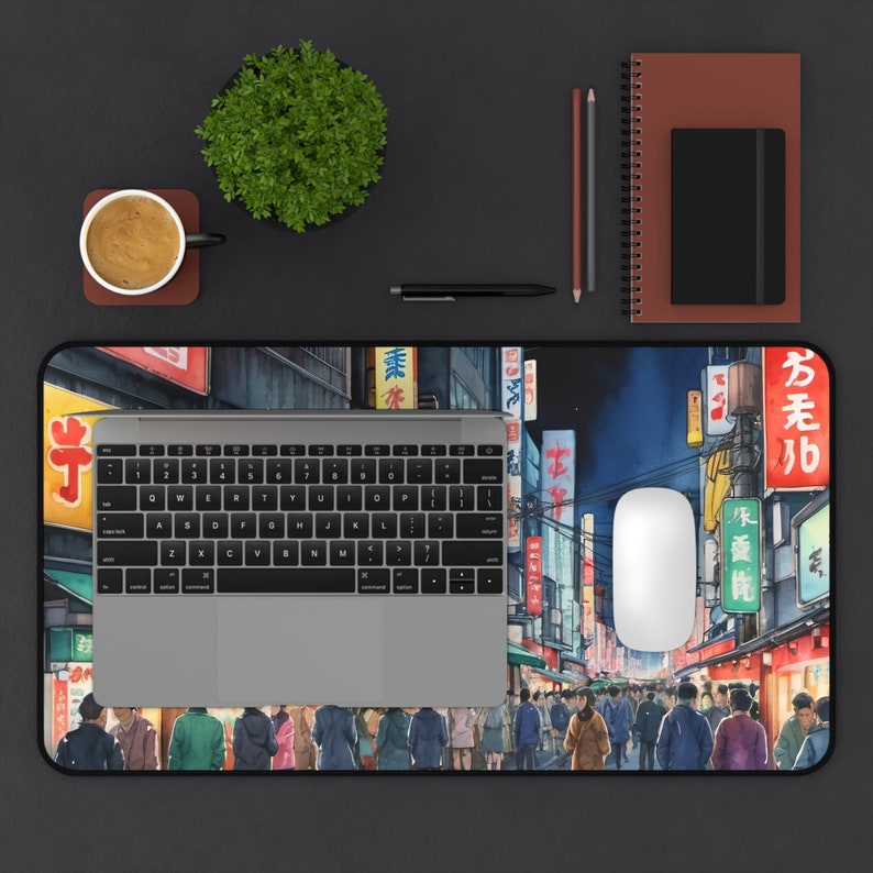 Watercolor Tokyo Neon Streets Desk Mat Large Japanese Mouse Pad for ...