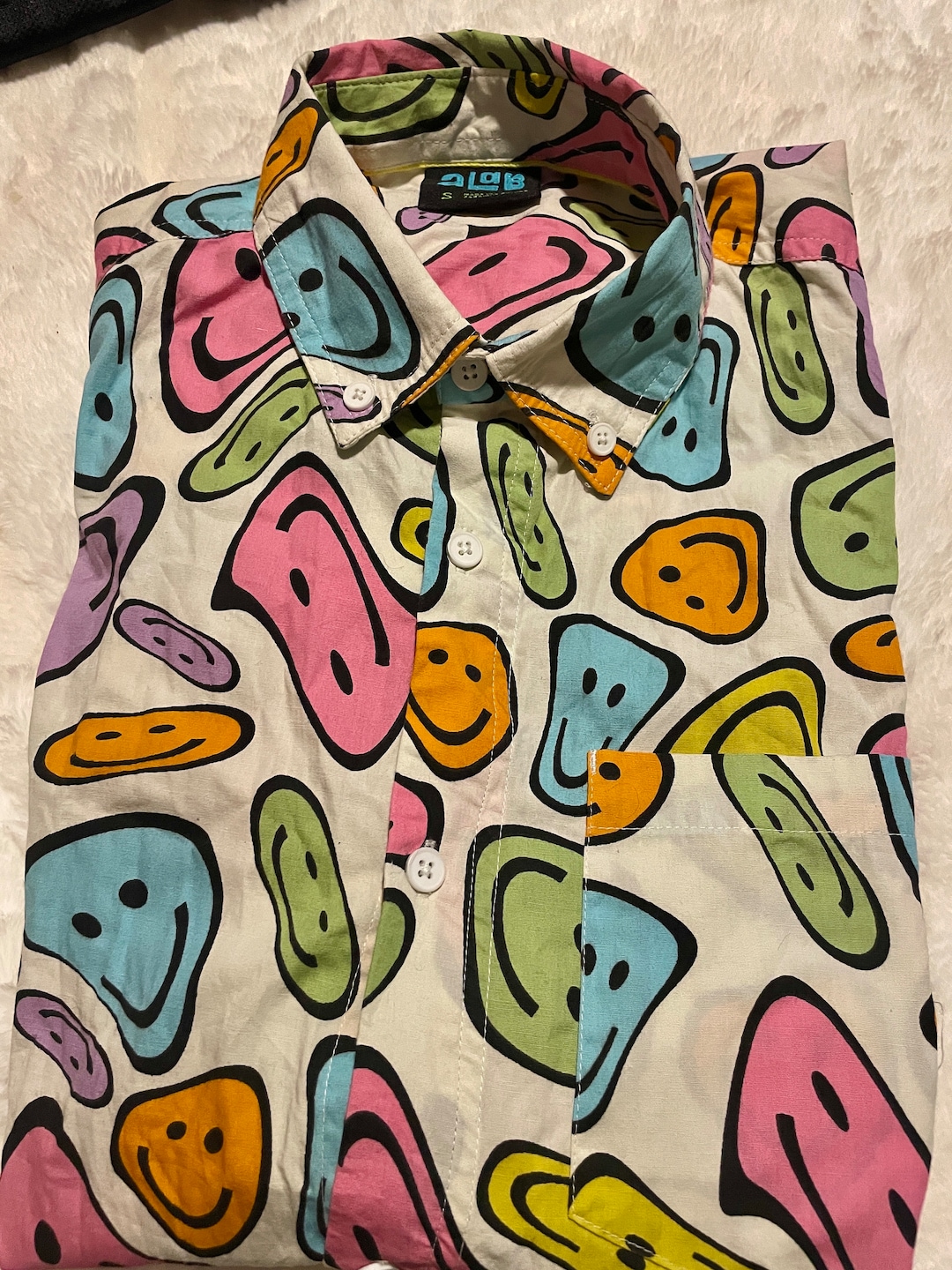 Vintage Alab Button Down Shirt S Melting Smiley Face Multicolor Hippy ...