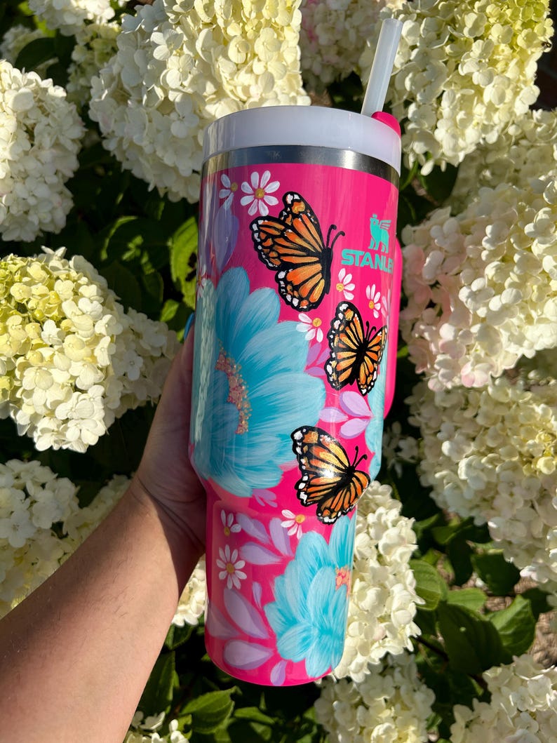 Stanley Hand Painted Tumbler 40oz - Monarchs and Flowers - Etsy