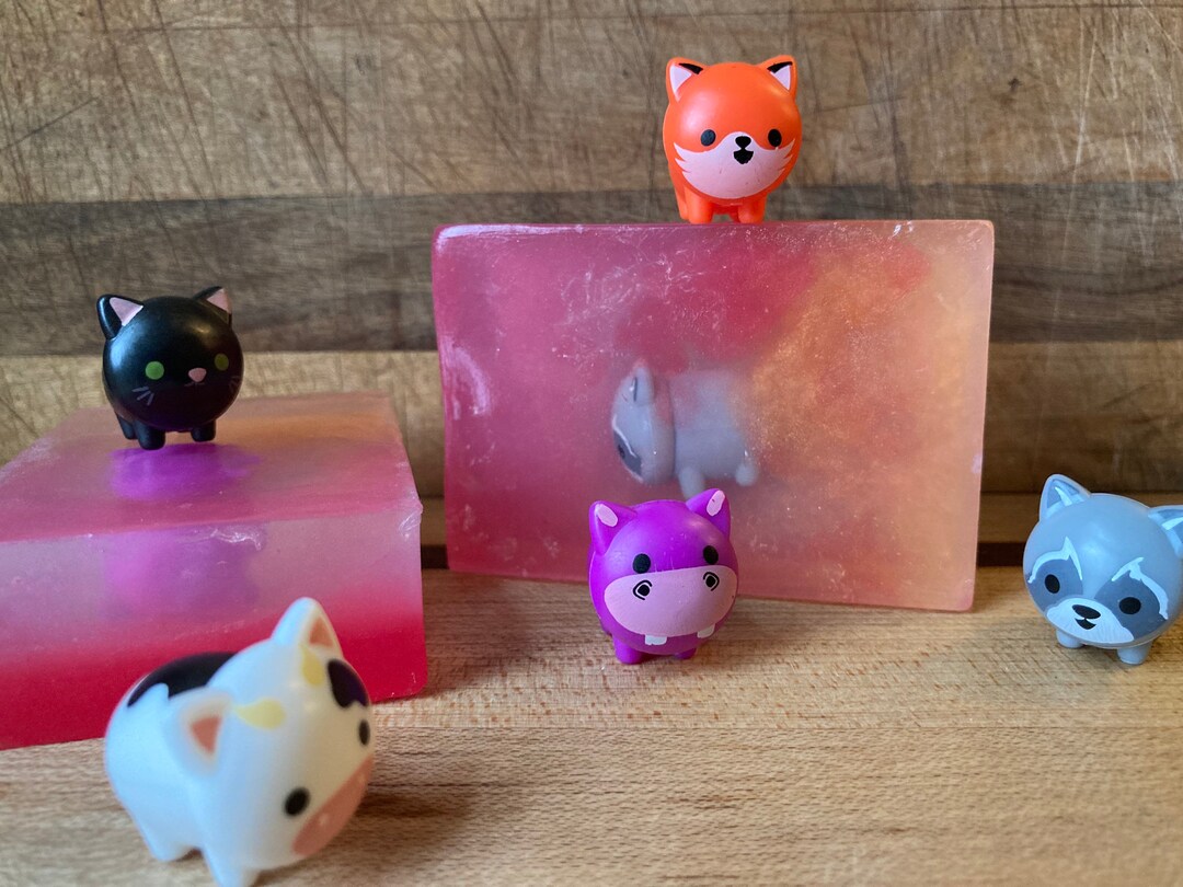 Cute Animal Figure Embedded Soap Bar: Raccoon, Fox, Hippo, Dog, Cat ...