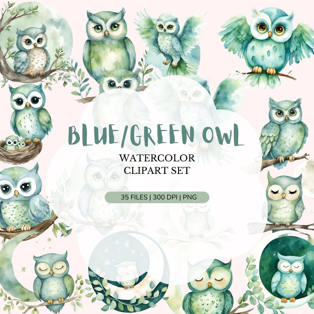 Blue Green Owl Watercolor Clipart | Baby Shower Nursery (digital ...
