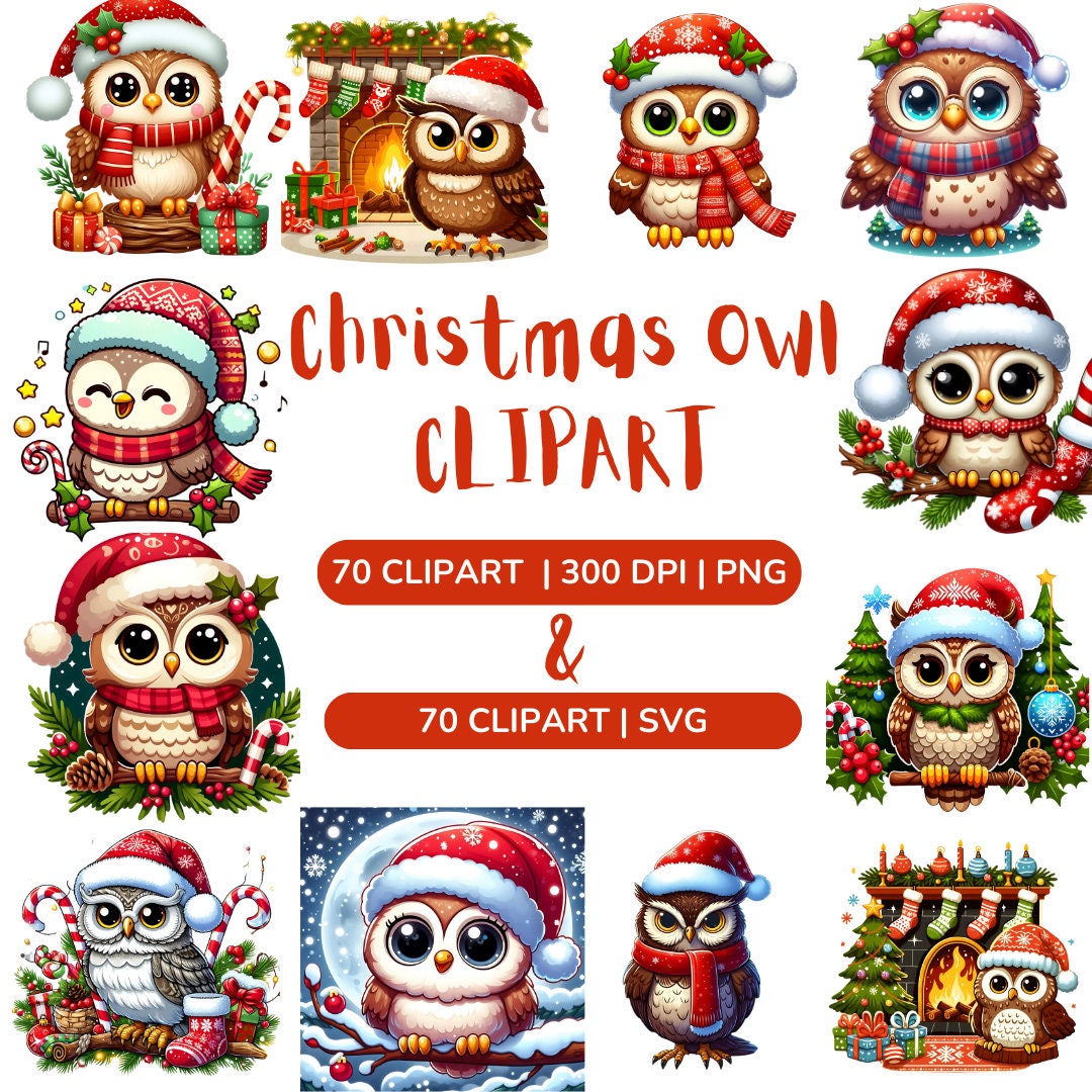 Christmas Owl Svg Png Clipart Bundle Holiday Winter Xmas Clip Art Owls ...
