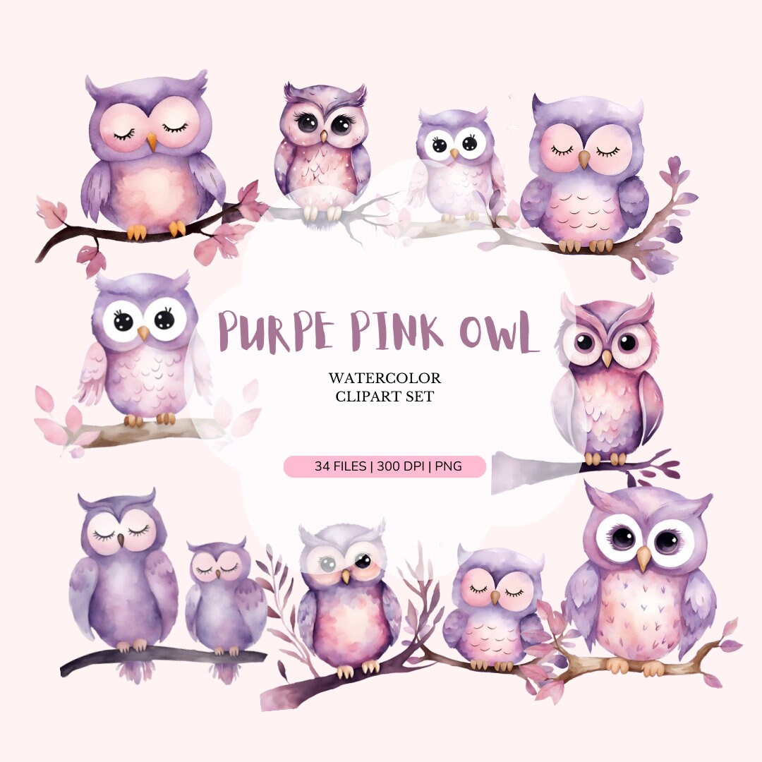 Pink Purple Cute Owl PNG | Baby Animal Clip Art Png | Watercolor Owls ...