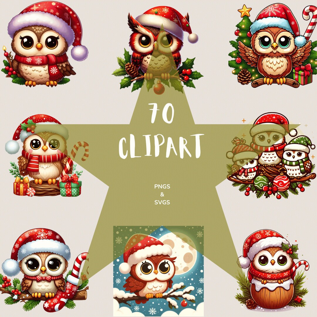 Christmas Owl Svg Png Clipart Bundle | Holiday Winter Xmas Clip Art ...