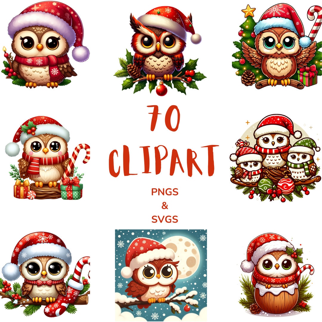 Christmas Owl Clipart Bundle | Holiday Illustrations (SVG, PNG Digital ...