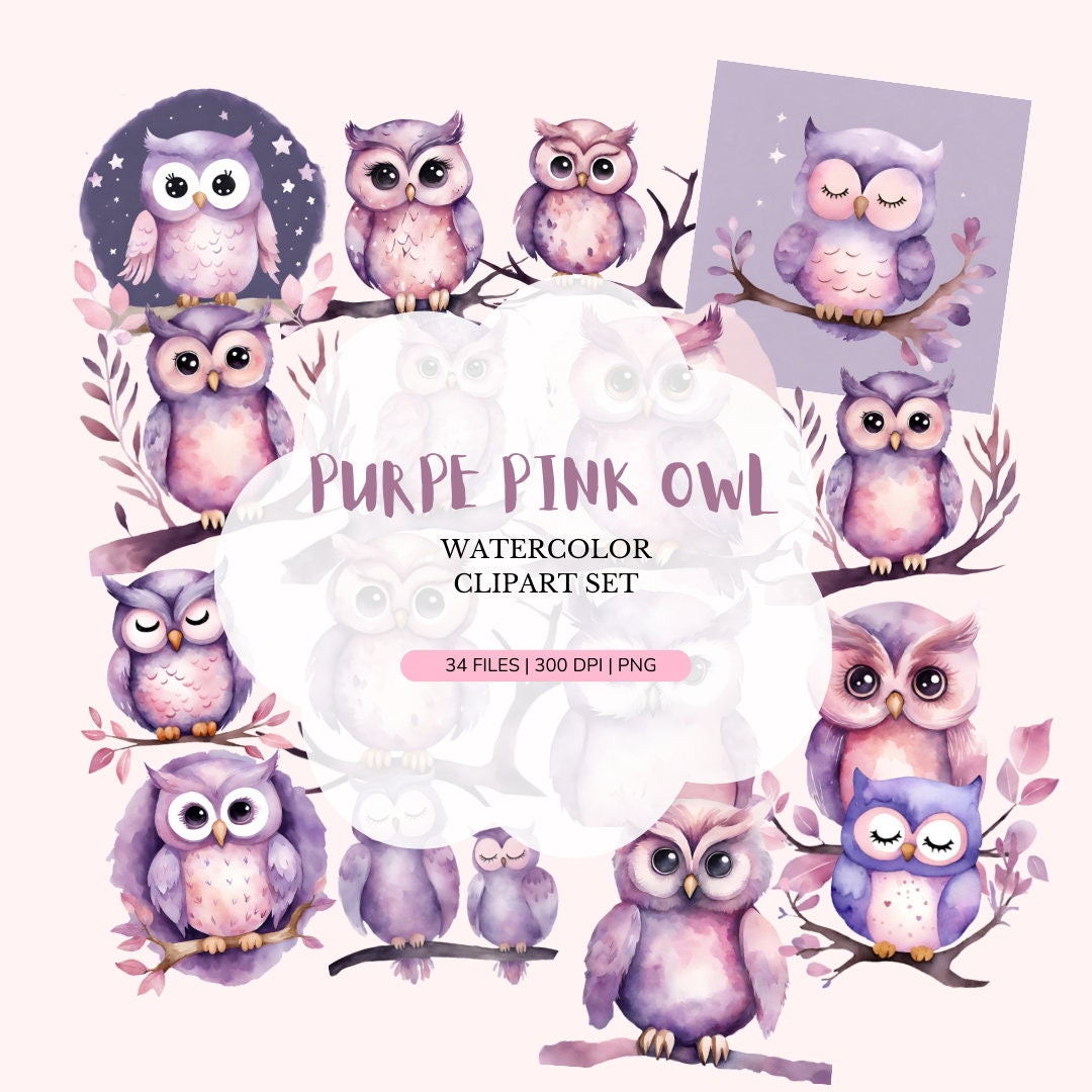Pink Purple Cute Owl PNG | Baby Animal Clip Art Png | Watercolor Owls ...