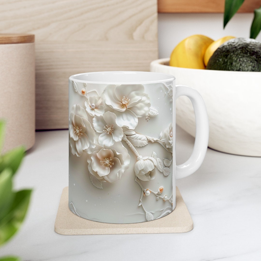White Flowers Mug, 3d Clay Designe, Coffee Mug, Flower, Gift for Her ...
