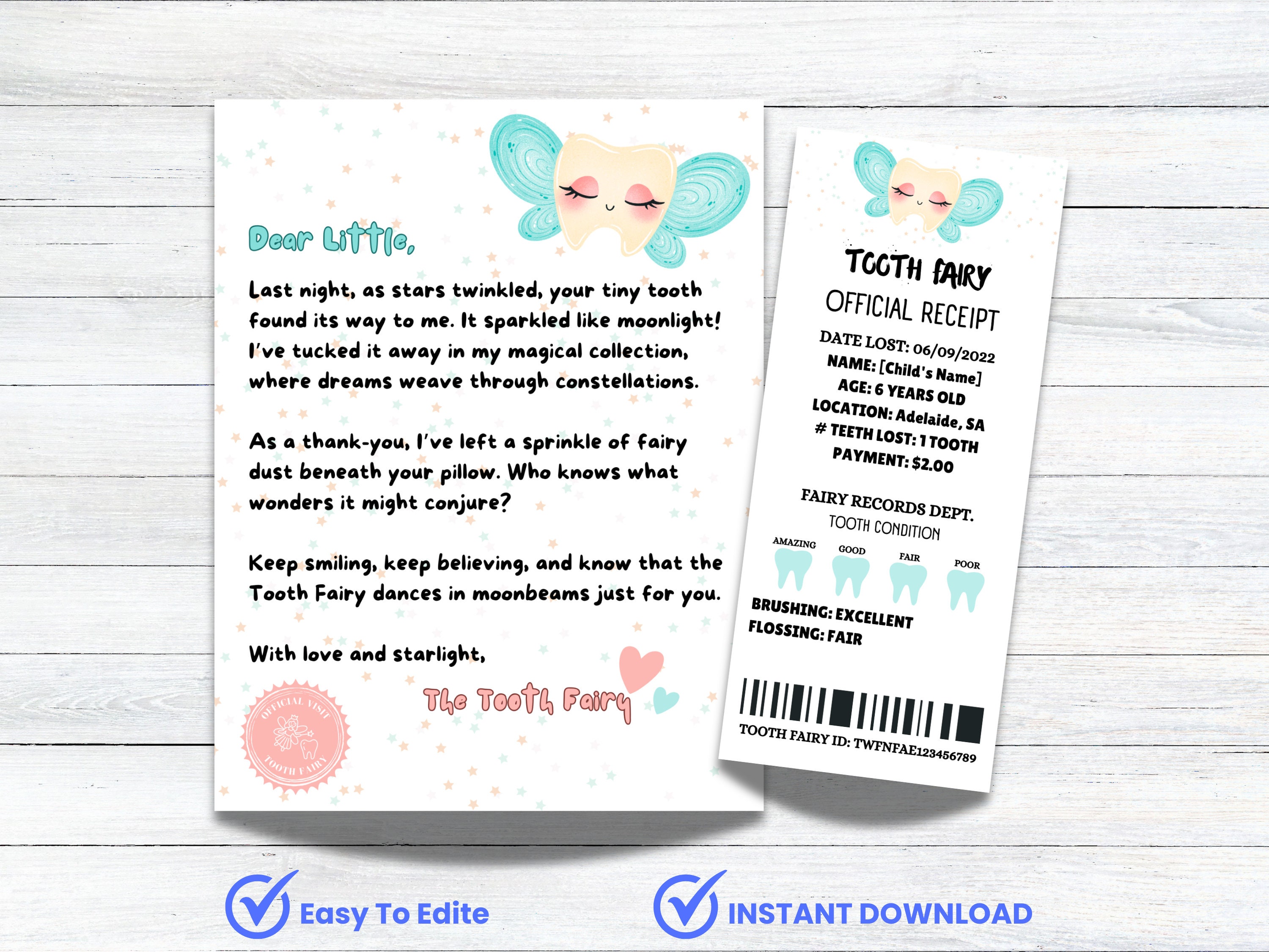Editable Tooth Fairy Letter, Tooth Fairy Note, Tooth Fairy Receipt ...