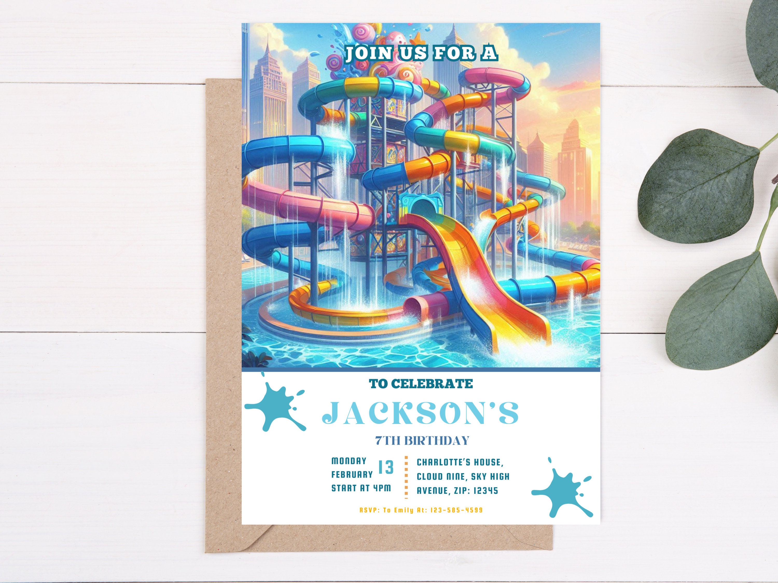 Water Slide Birthday Invitation, Backyard Waterslide Splash, Pool Party ...