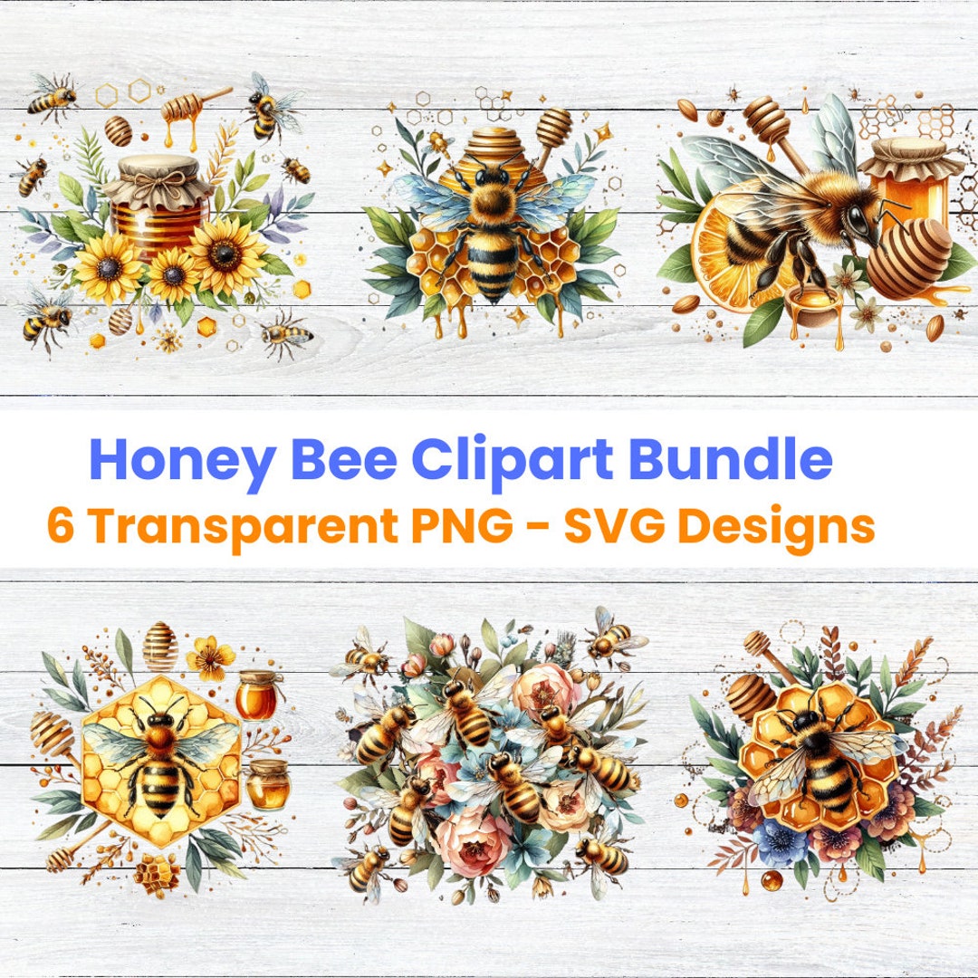 Watercolor Honey Bee Png Bundle, Honey Bee Clipart Set, Handcrafted ...