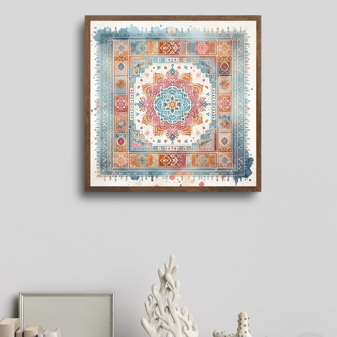 Moroccan Square Rug Art Print, Watercolor Handmade Moroccan Wall Art ...