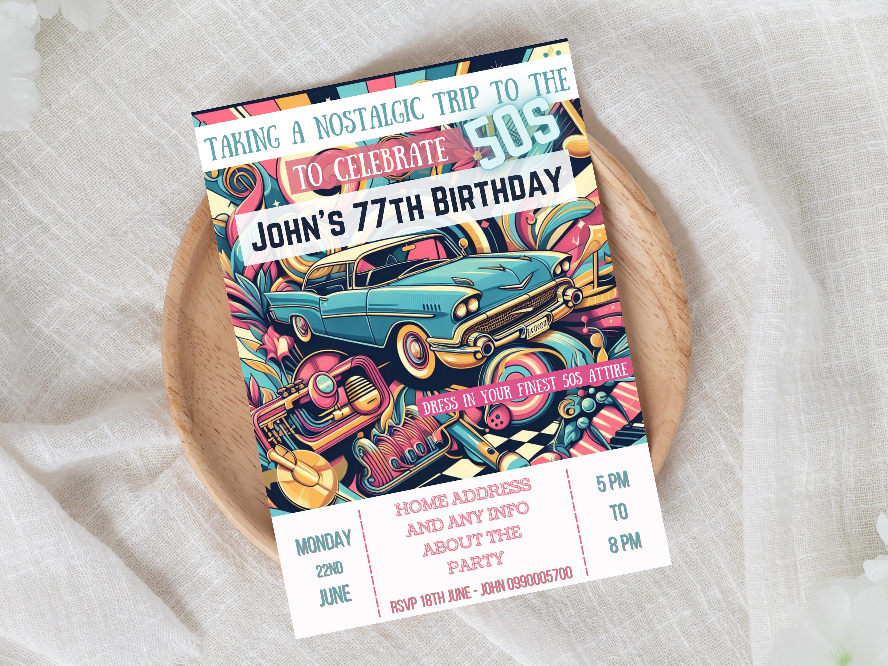 50s Birthday Invitation, Retro 50s Birthday Bash Invite Vintage Jukebox Dance Party Invite ...