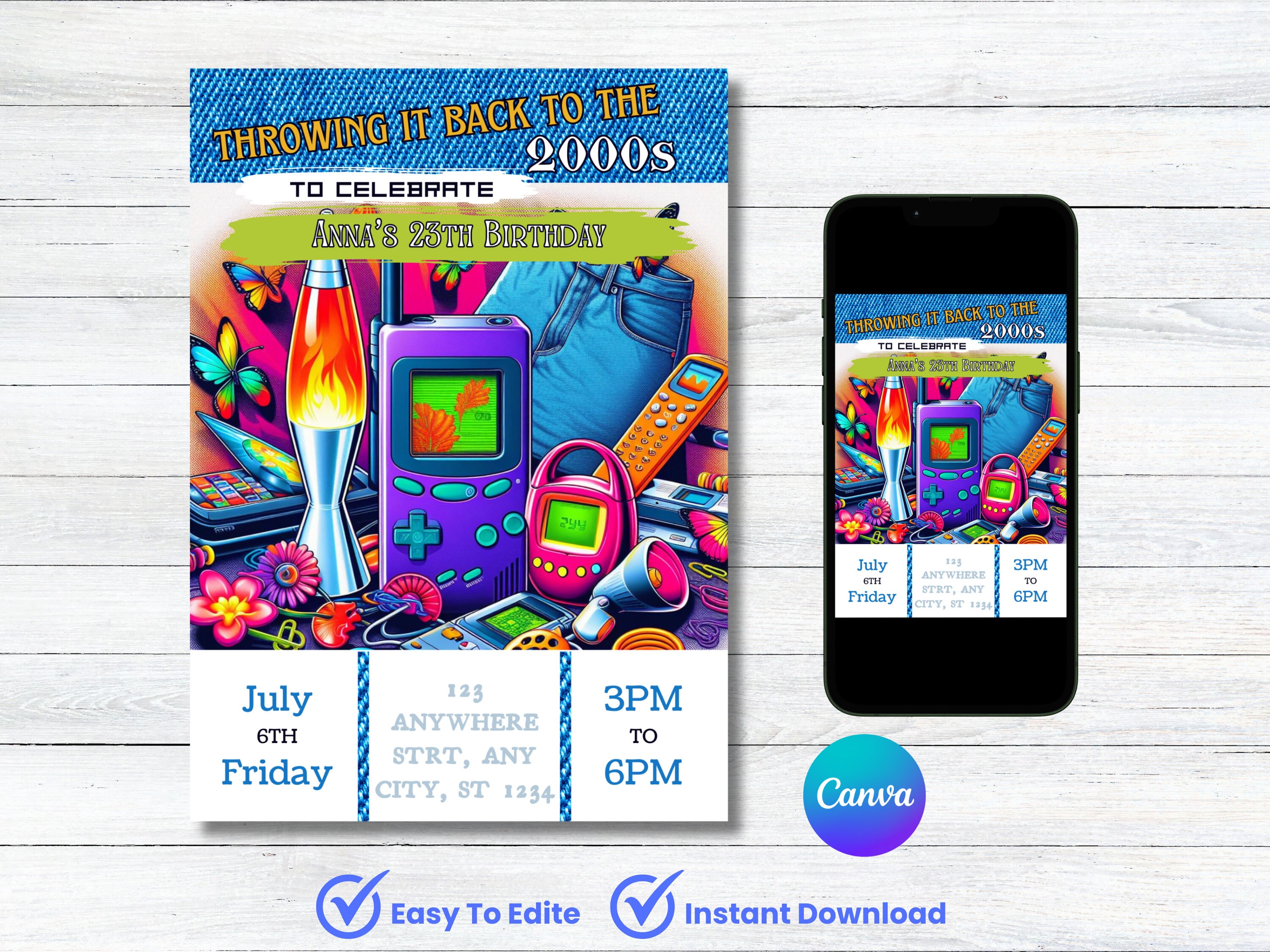 Early 2000s Themed Party Invitation, Editable 2000s Birthday Party ...