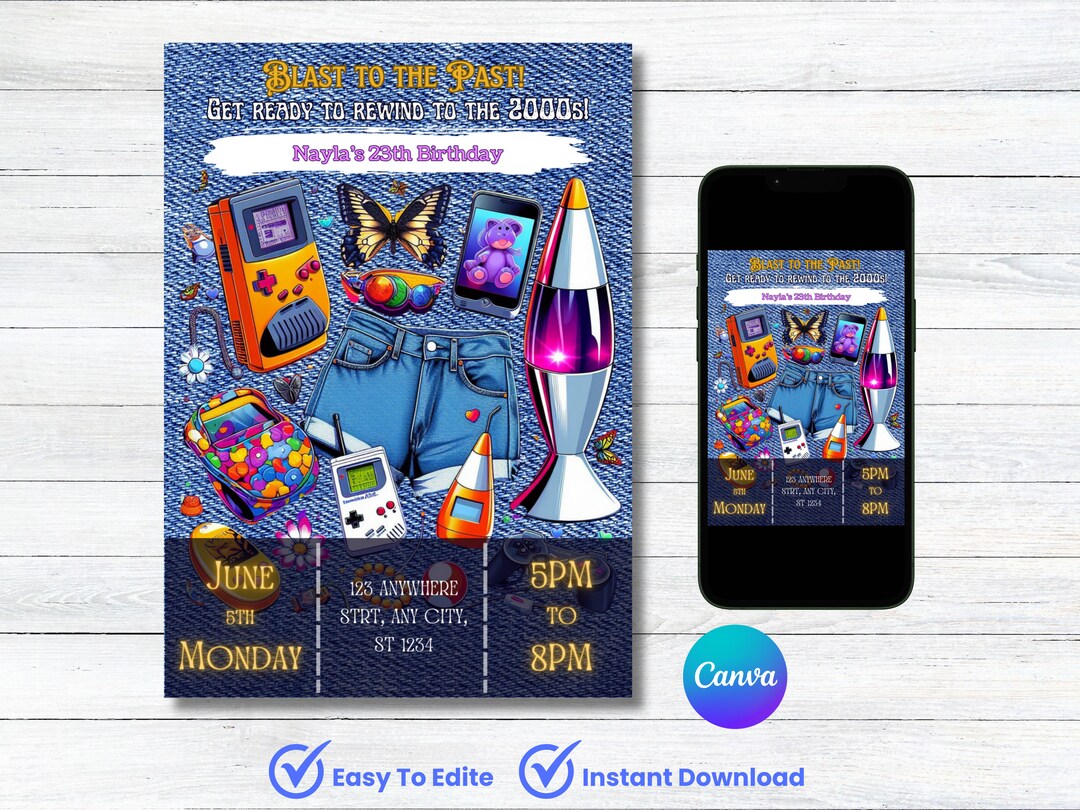 Early 2000s Themed Party Invitation, Editable 2000s Birthday Party ...