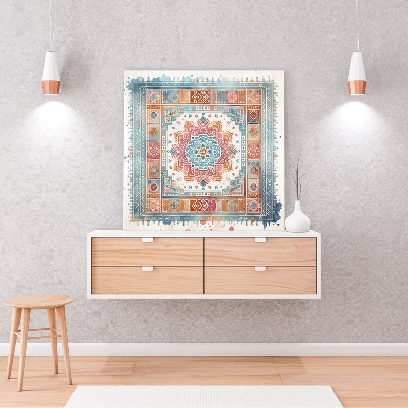 Moroccan Square Rug Art Print, Watercolor Handmade Moroccan Wall Art ...