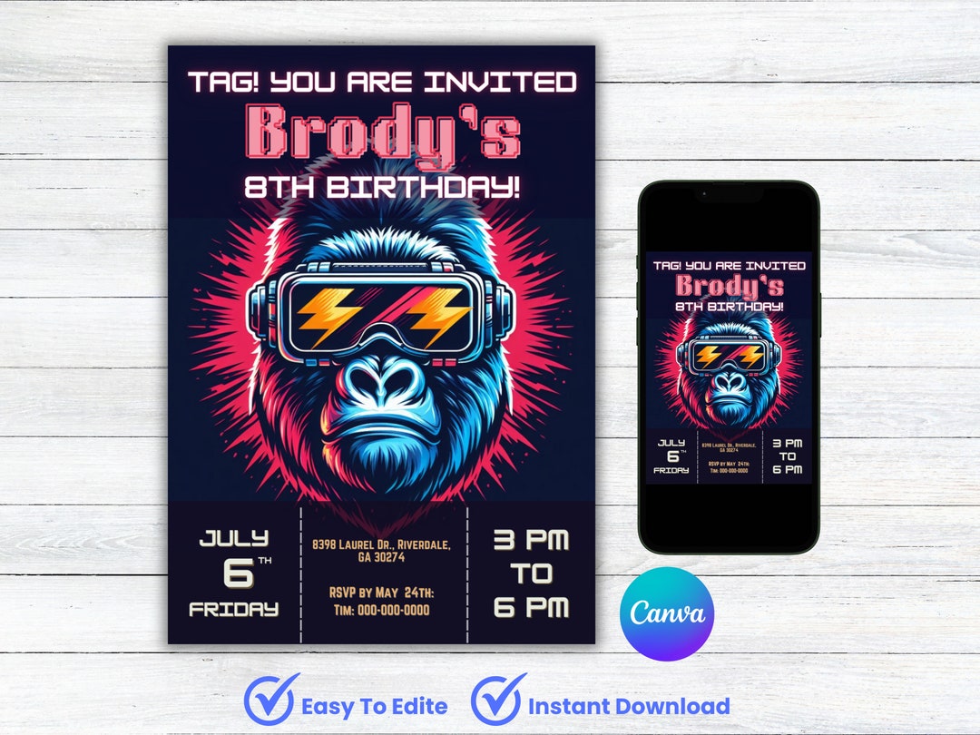 Gorilla VR Birthday Invitation, VR Birthday Invitation, Tag Birthday ...