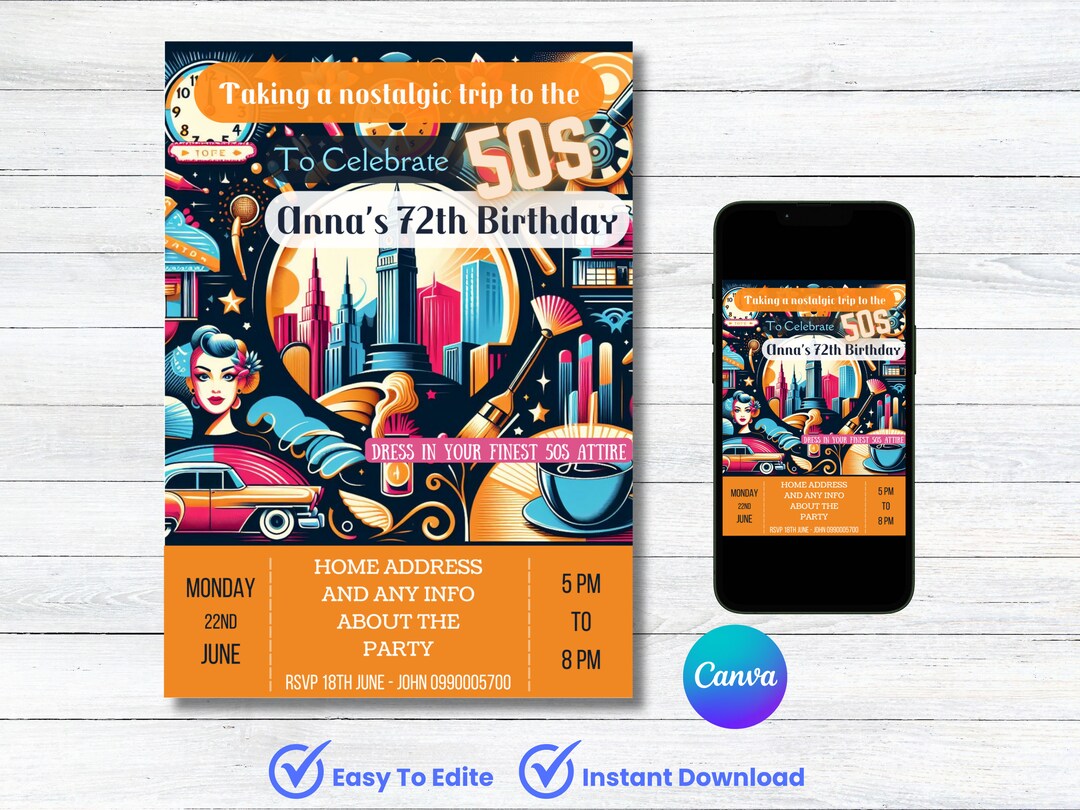 50s Birthday Invitation, Retro 50s Birthday Bash Invite, DIY '50s ...