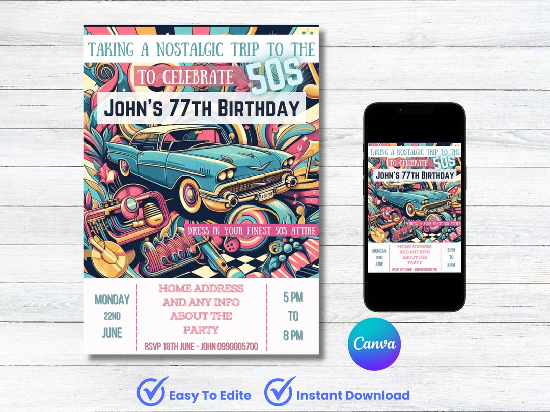 50s Birthday Invitation, Retro 50s Birthday Bash Invite - Vintage ...