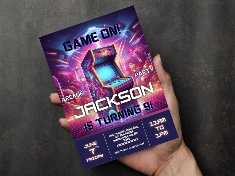 Arcade Birthday Invitation, Arcade Party Invitation, Gamer Neon Glow ...