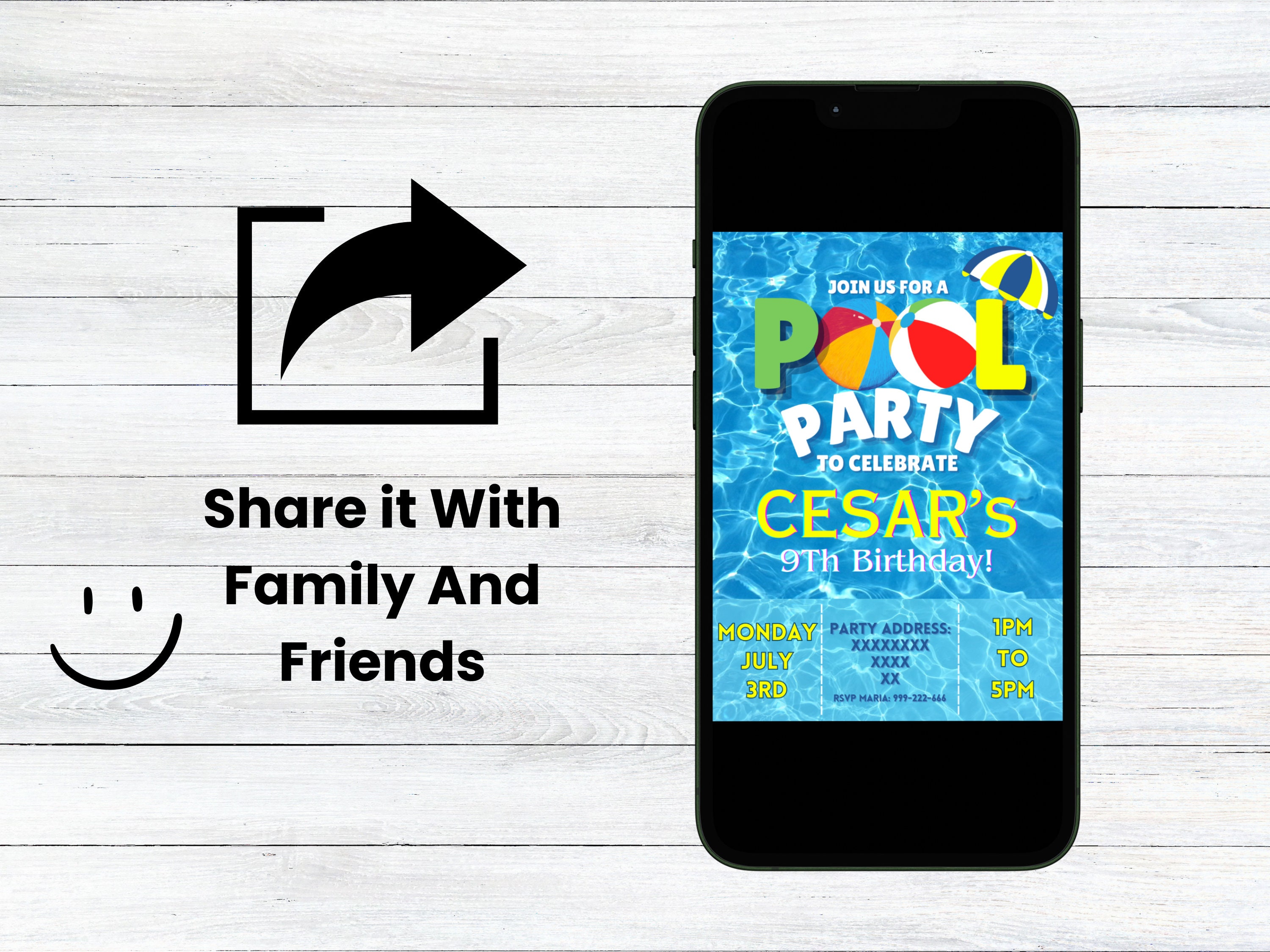 Pool Party Birthday Invitation, Summer Birthday Party Evite, Canva Text ...